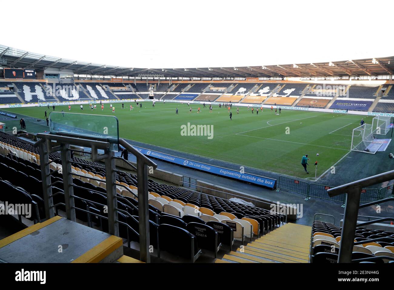 A view of the warm-up inside an empty stadium before the Sky Bet League ...