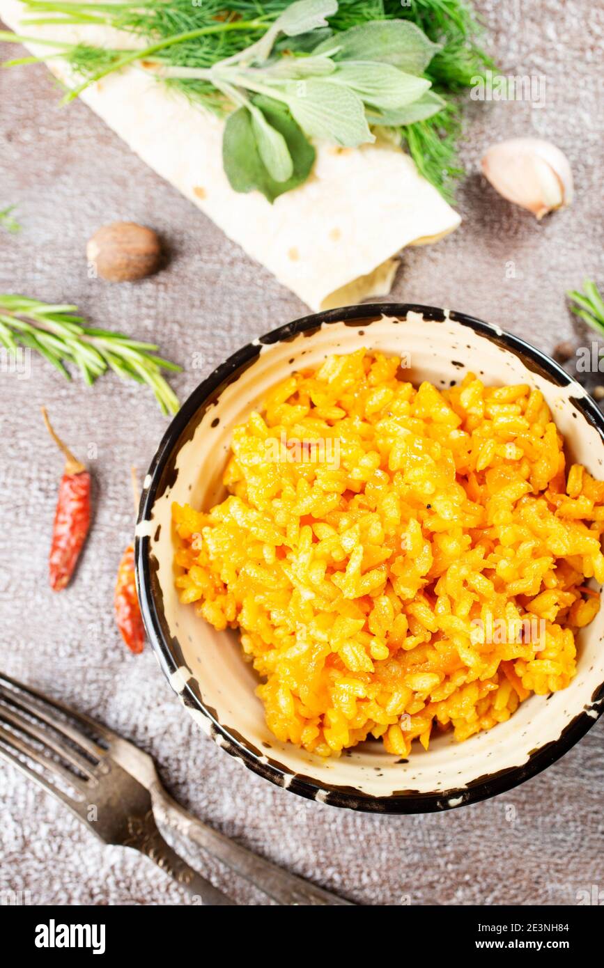 Indian cuisine - mixed rice dish made with Indian spices, curry Stock ...