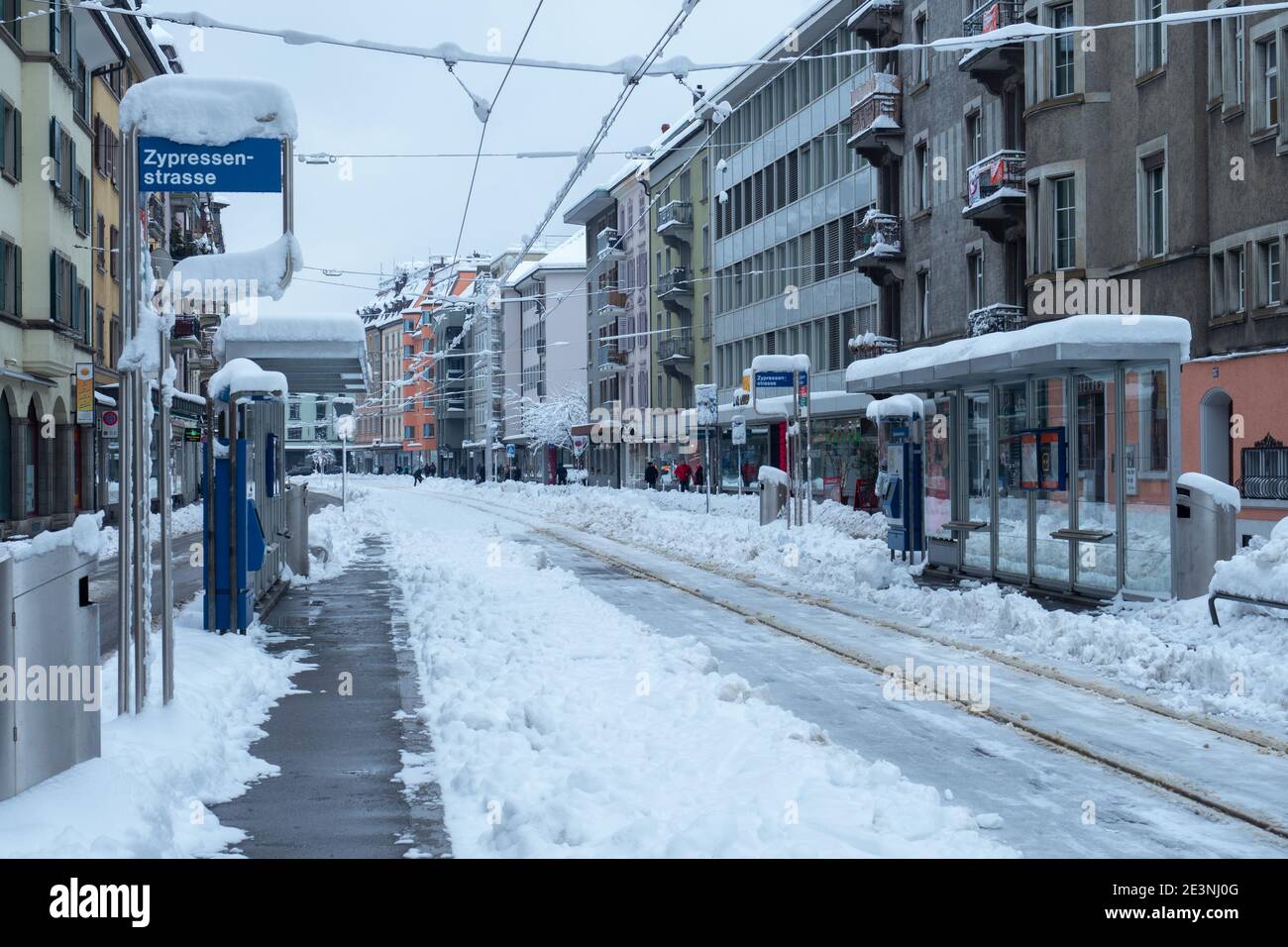 Zurich, Switzerland - January 15th 2021: Tram station out of service ...