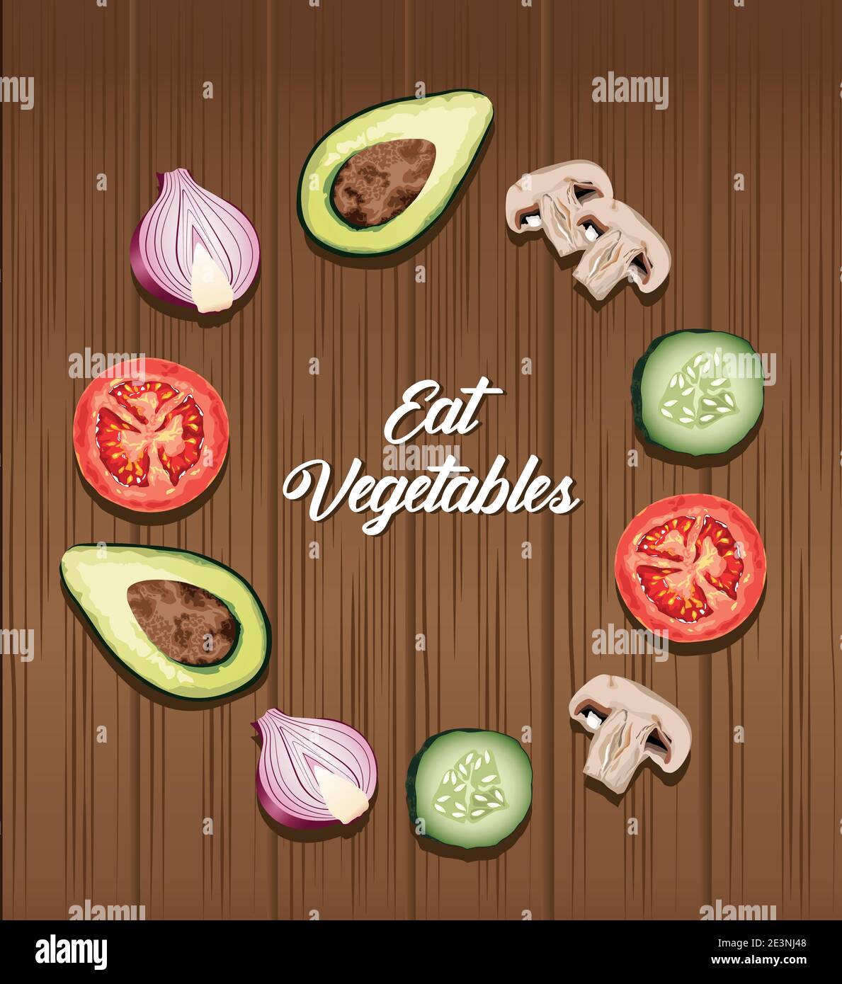 eat vegetables lettering poster with healthy food around in wooden ...