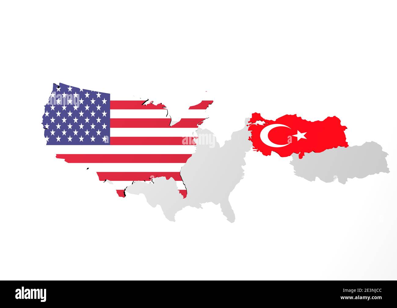 A 3d rendering of an map of USA and Turkey, on an white background with ...
