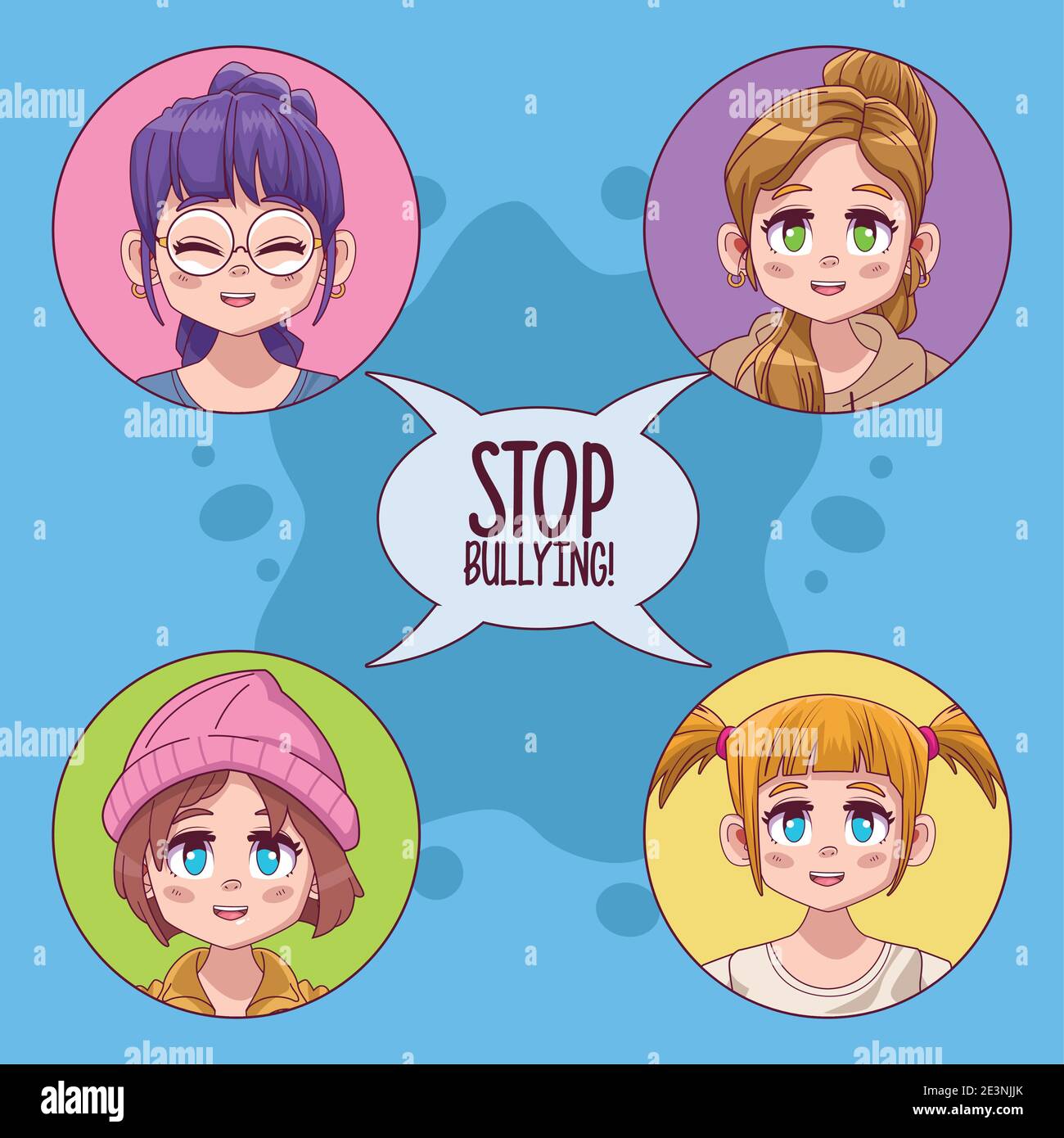 young teenagers girls with stop bullying lettering in speech bubble ...