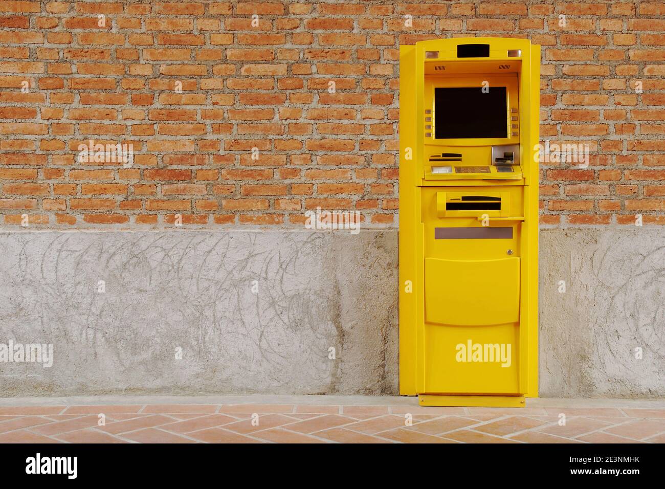 Yellow ATM Machine Standing on Red Brick Wall, Business, Monetary ...