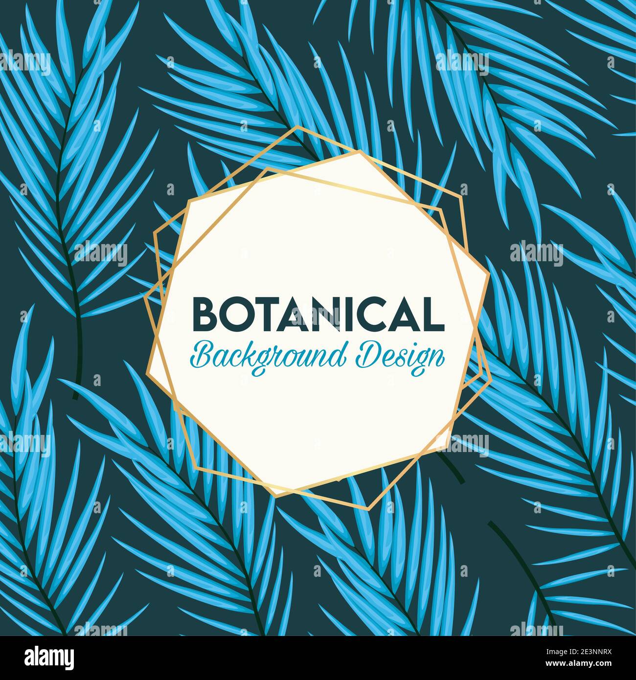 botanical lettering in poster with blue leafs and golden frame vector ...