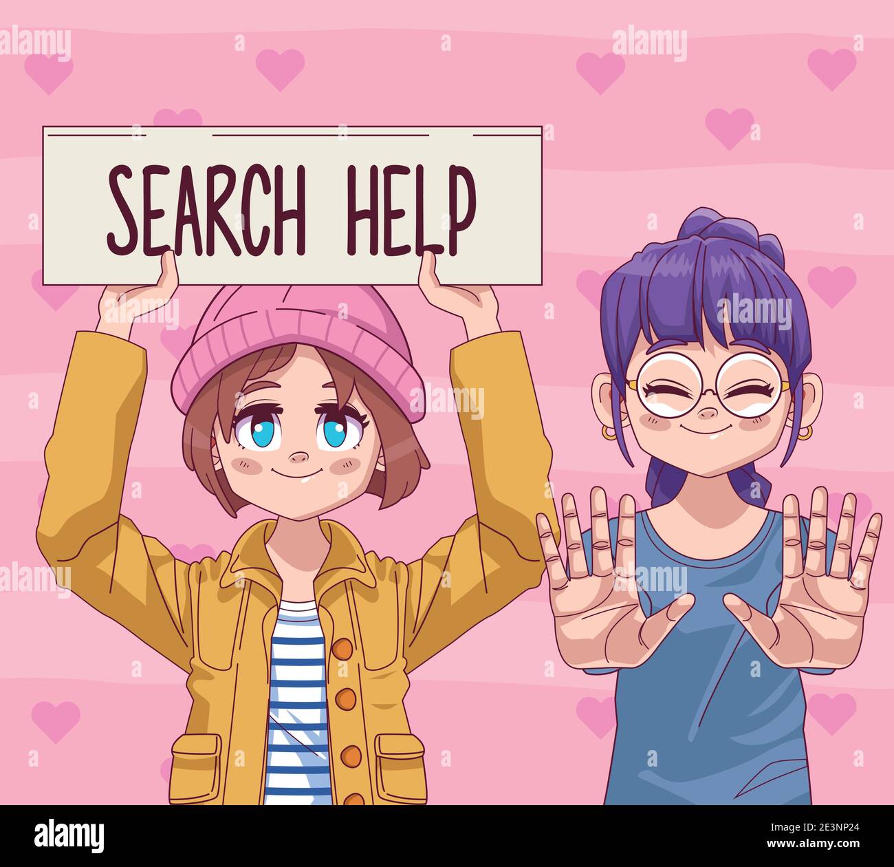 young teenagers girls couple with search help lettering in banner ...