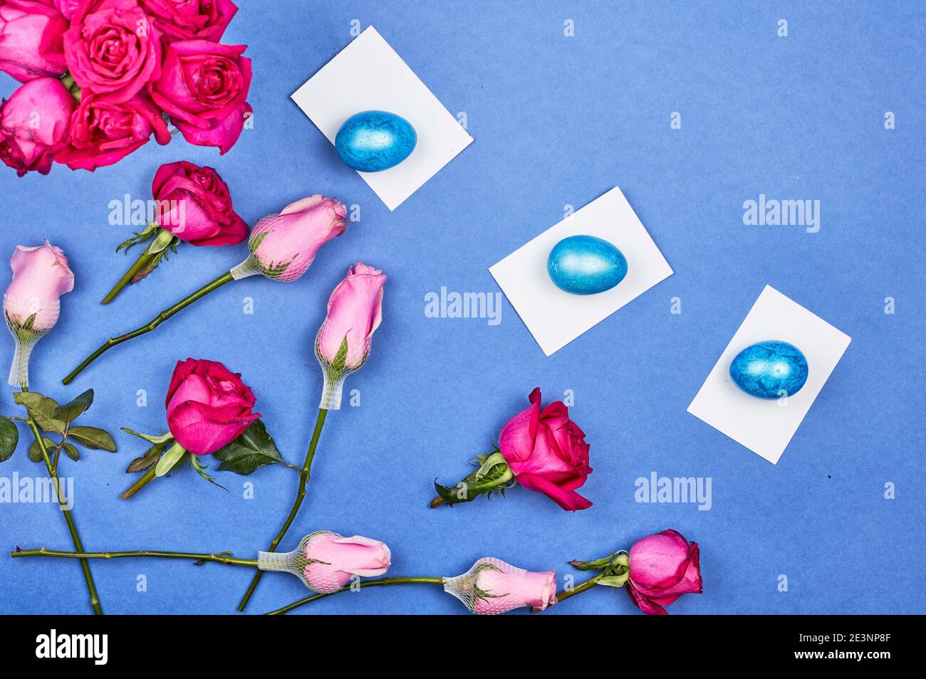 Easter eggs, red rose flowers, a cup of black coffee on blue background ...