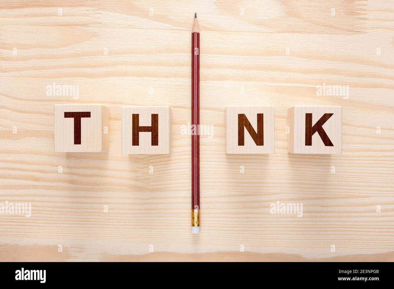Think concept. Word Think on wooden background. One Pencil with word ...