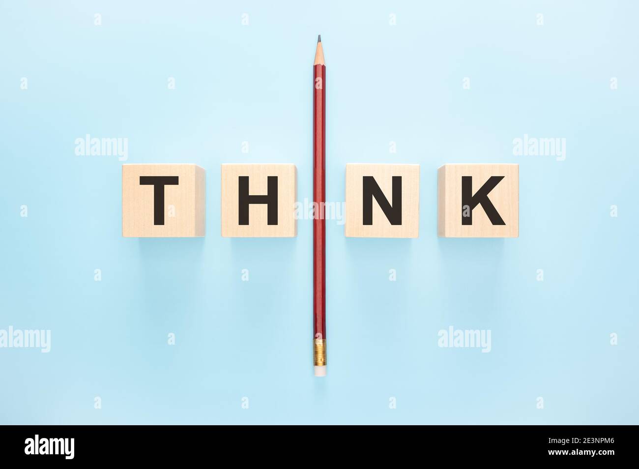 Think concept. Word Think on wooden background. One Pencil with word ...