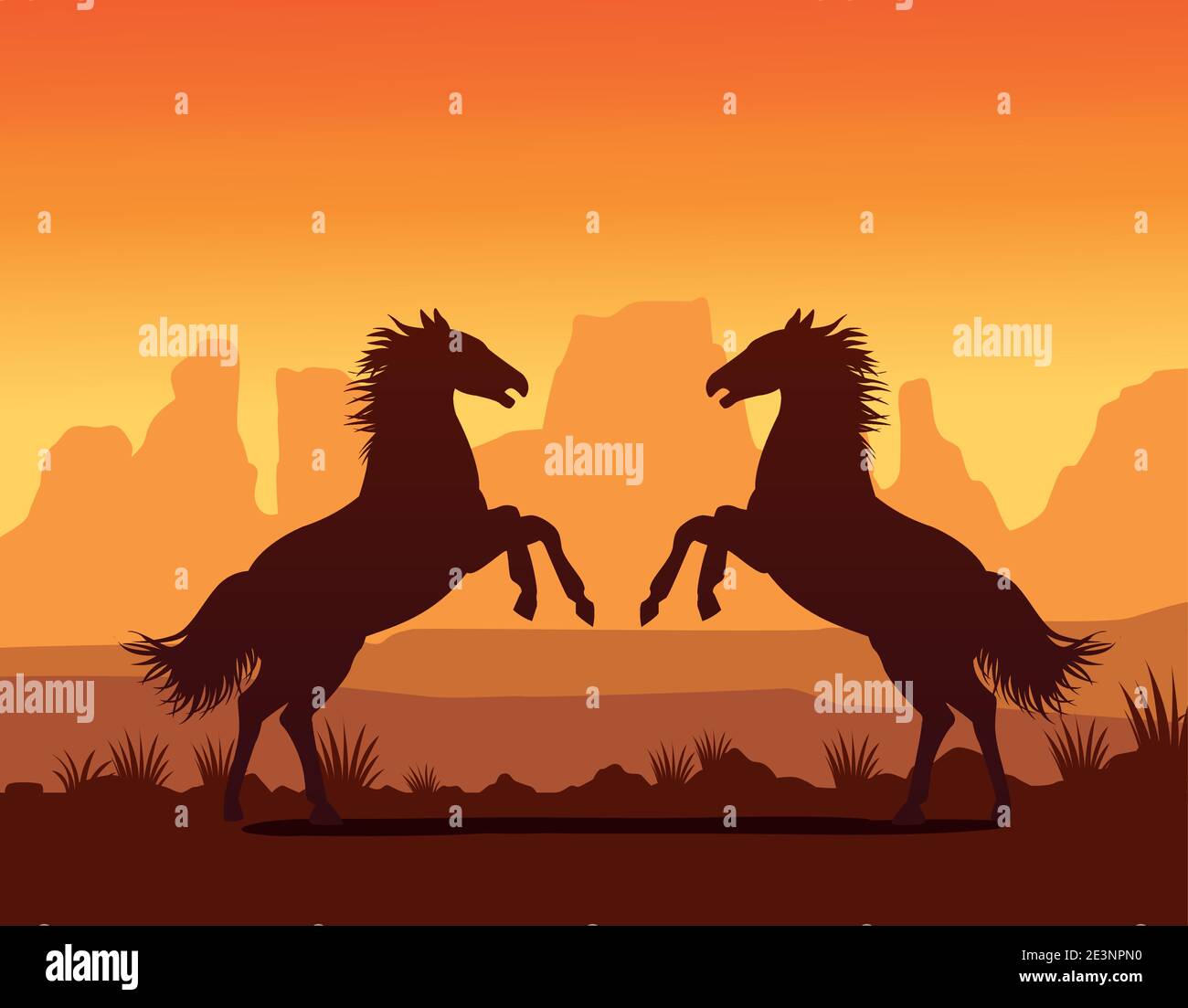 wild west sunset scene with horses vector illustration design Stock ...