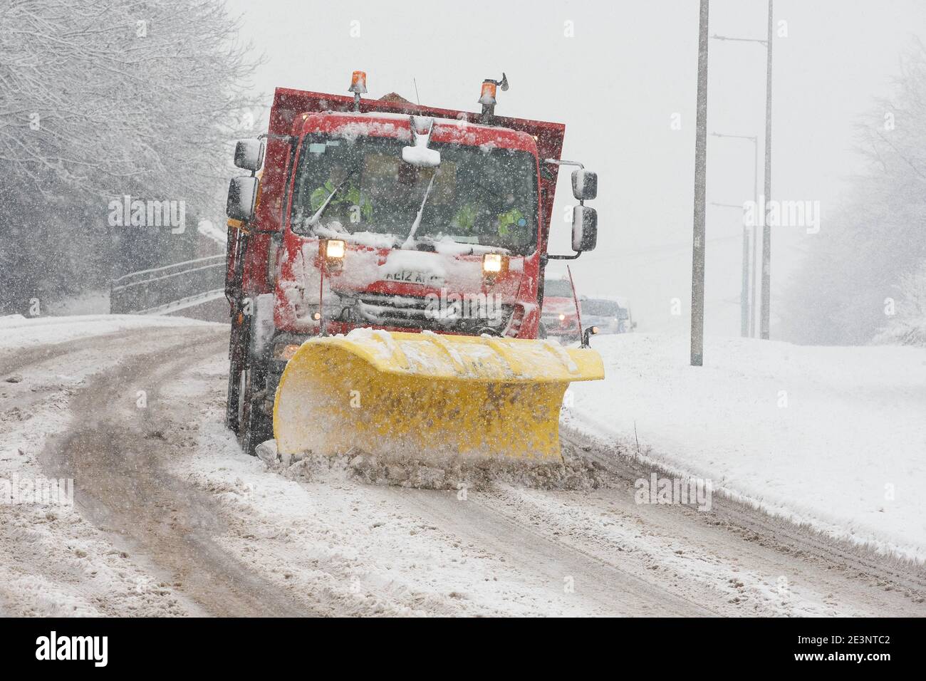 A snow plough and grit spreader works to clear the roads in Barnsley ...