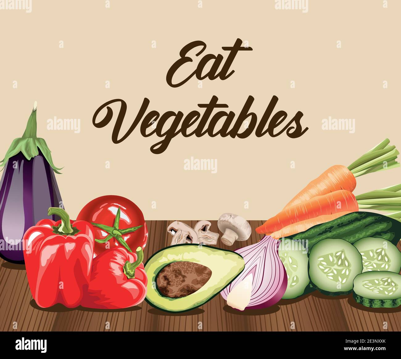 eat vegetables lettering poster with healthy food in wooden table ...