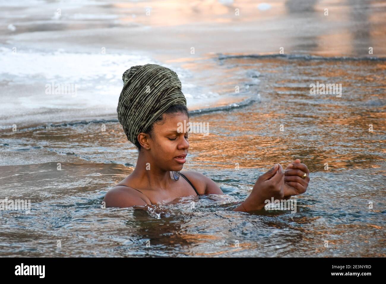Beautiful Girl Enjoying Winter And Swimming In The Cold Water Of A Lake Or River Cold Therapy
