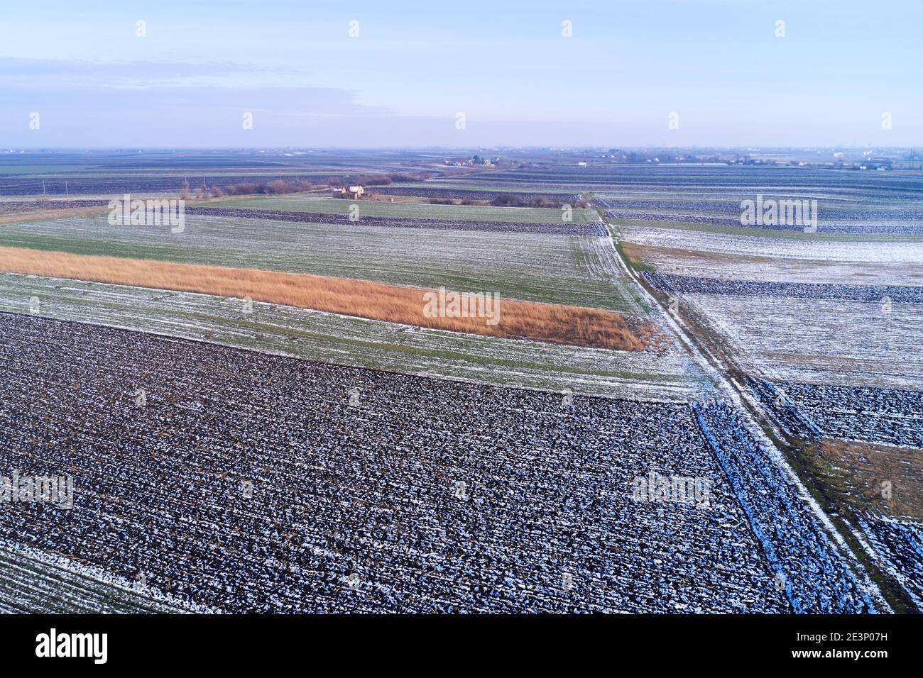 Frozen agricultural landscape from drone pov, aerial photography of ...