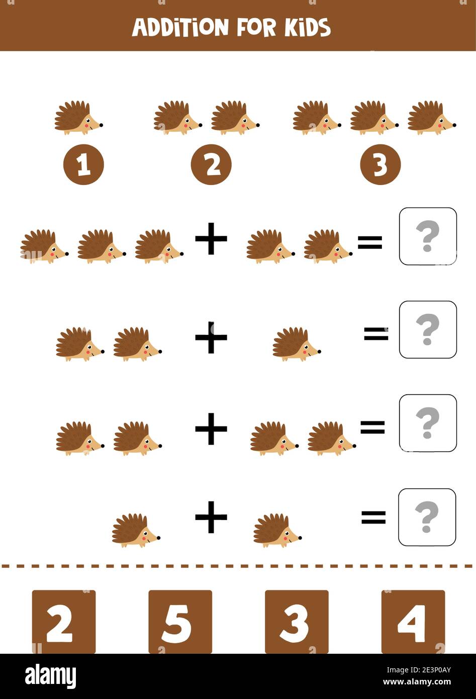 Addition game with cute cartoon hedgehog. Math game for kids Stock ...