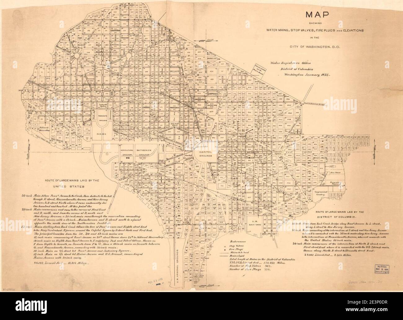 Map showing water mains, stop valves, fire plugs, and elevations in the ...