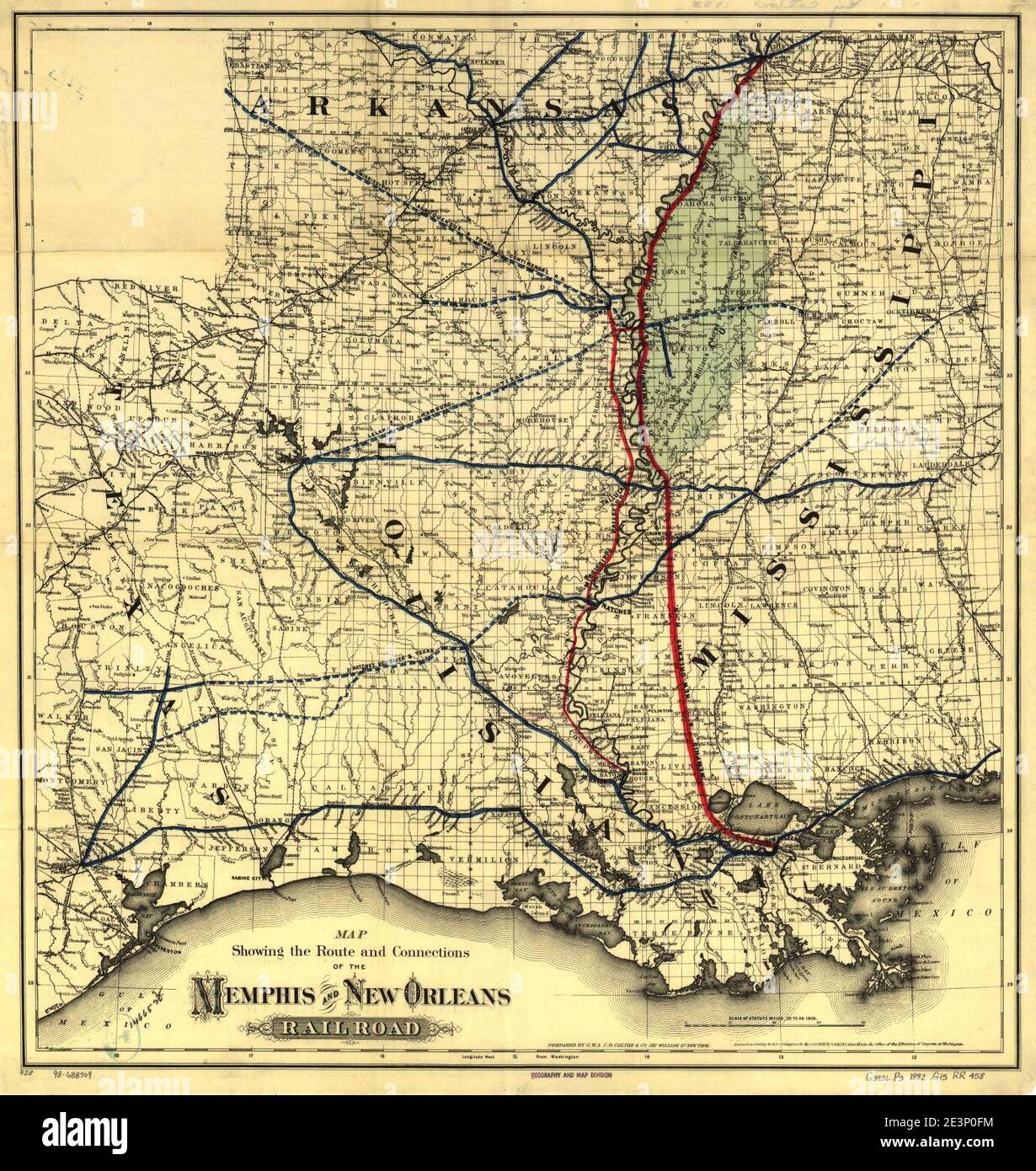 Map showing the route and connections of the Memphis and New Orleans ...