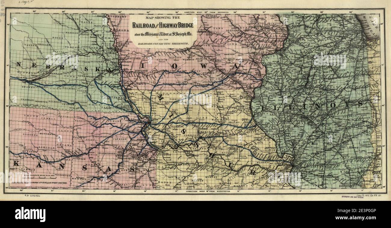 Map showing the railroad and highway bridge over the Missouri River at ...
