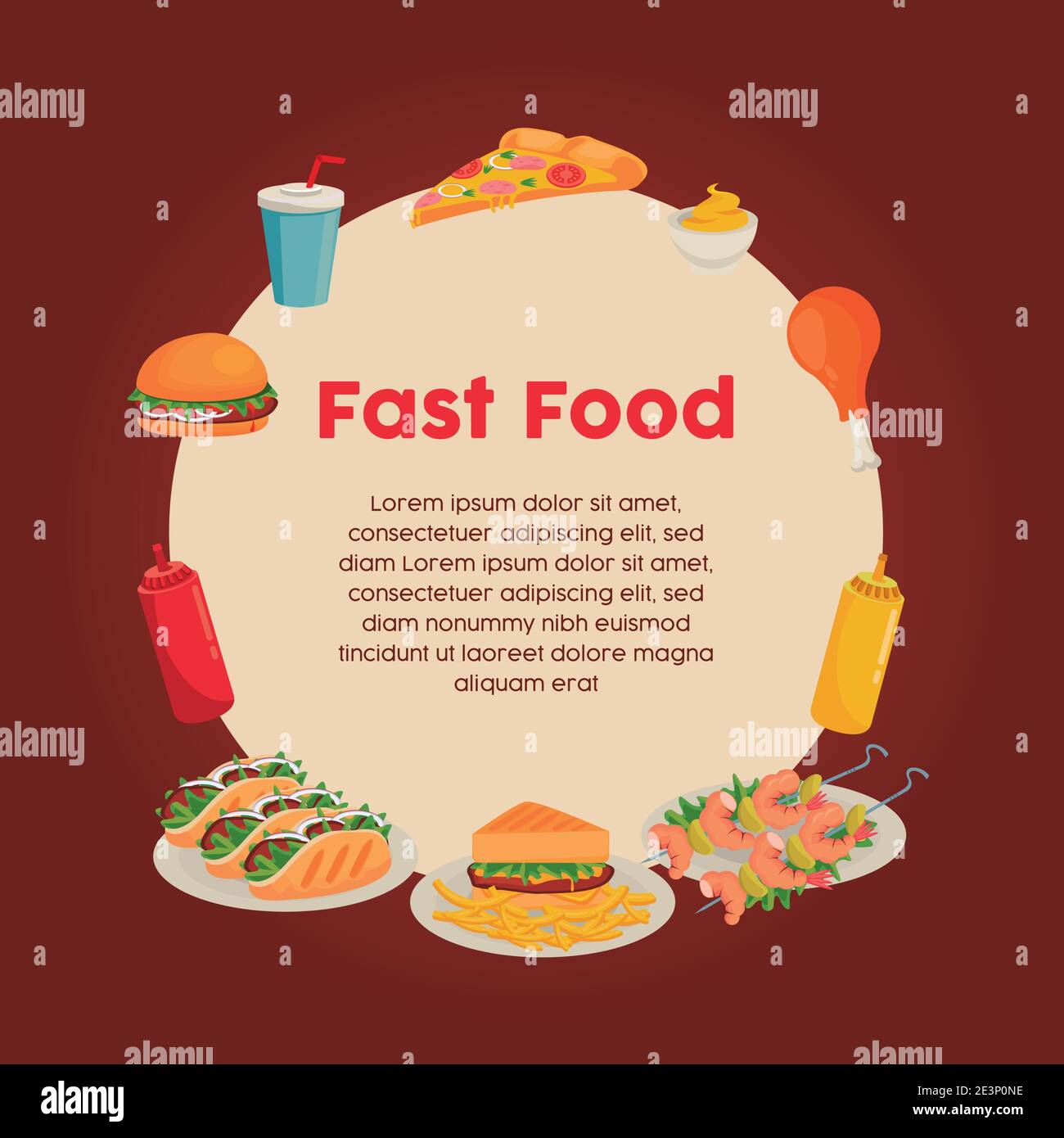 circular frame with delicious fast food around lettering vector ...