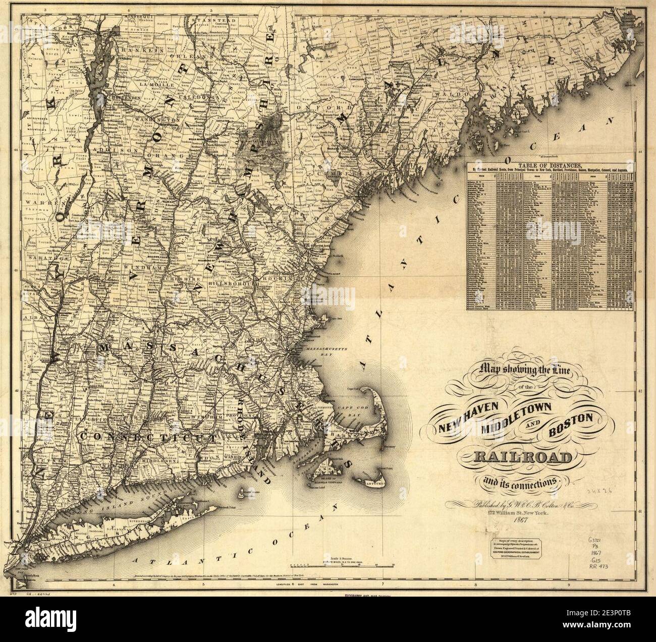 Map showing the line of the New Haven, Middletown, and Boston Railroad ...