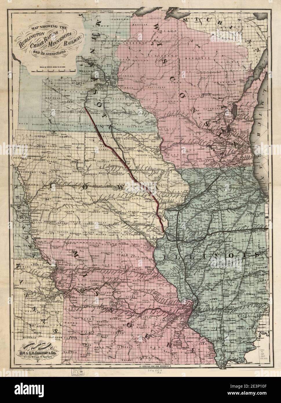 Map showing the Burlington Cedar Rapids and Minnesota Railway and its ...