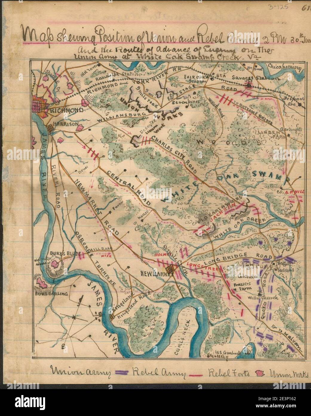 Map showing position Union and Rebel armies 2 p.m. 30th June - and the ...