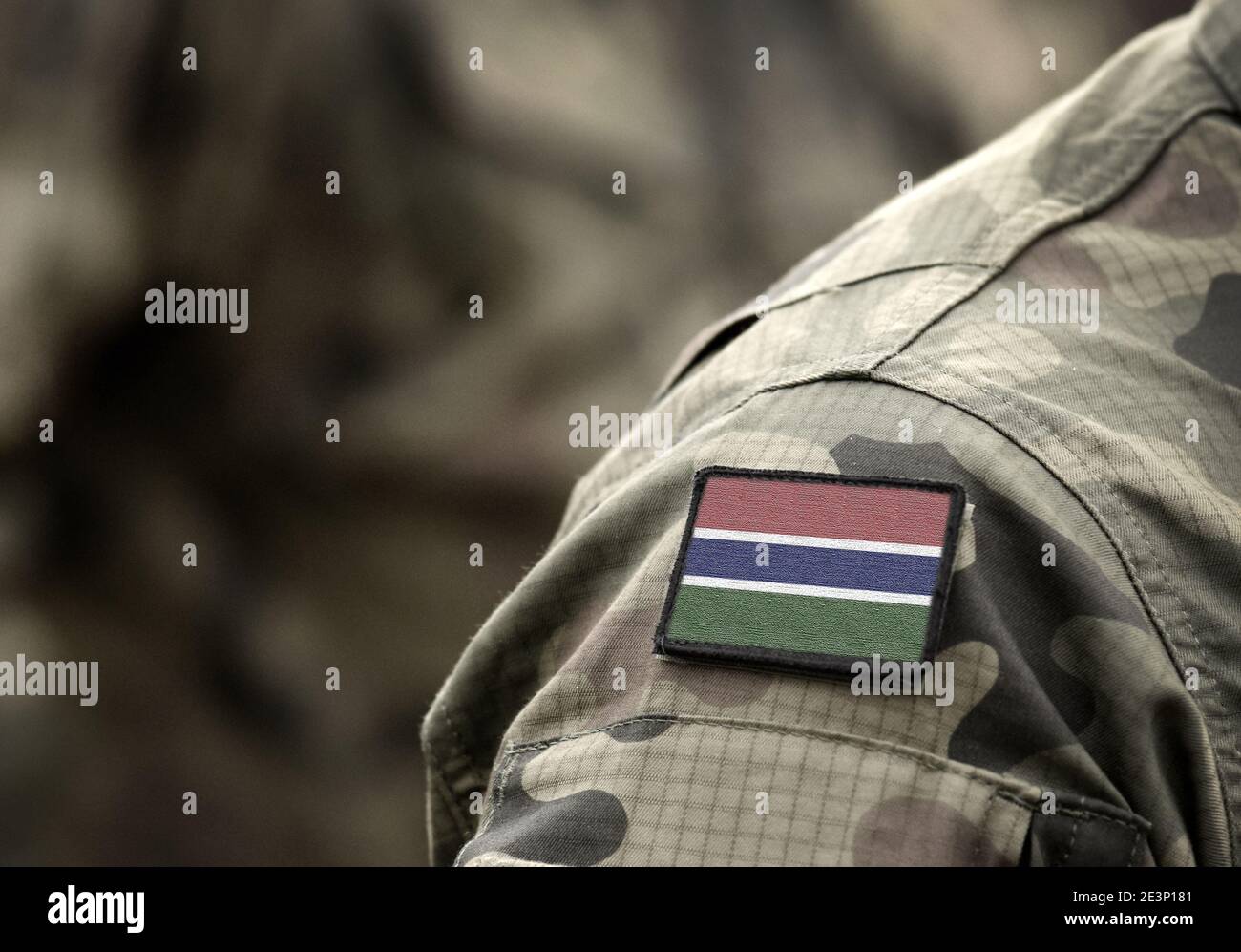 Flag of The Gambia on military uniform. Army, soldier, Africa. Collage ...