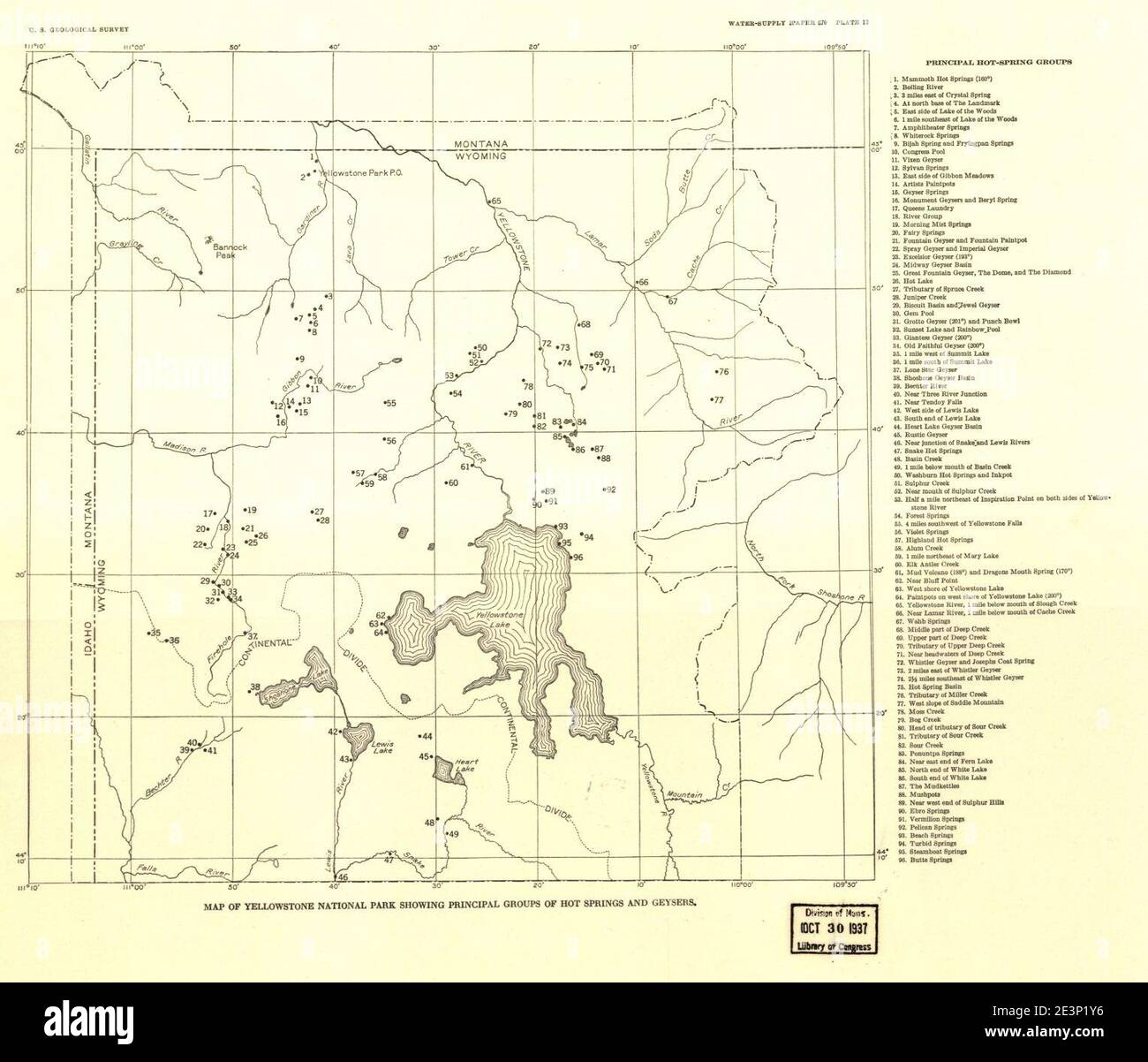 Map of Yellowstone National Park showing principal groups of hot ...