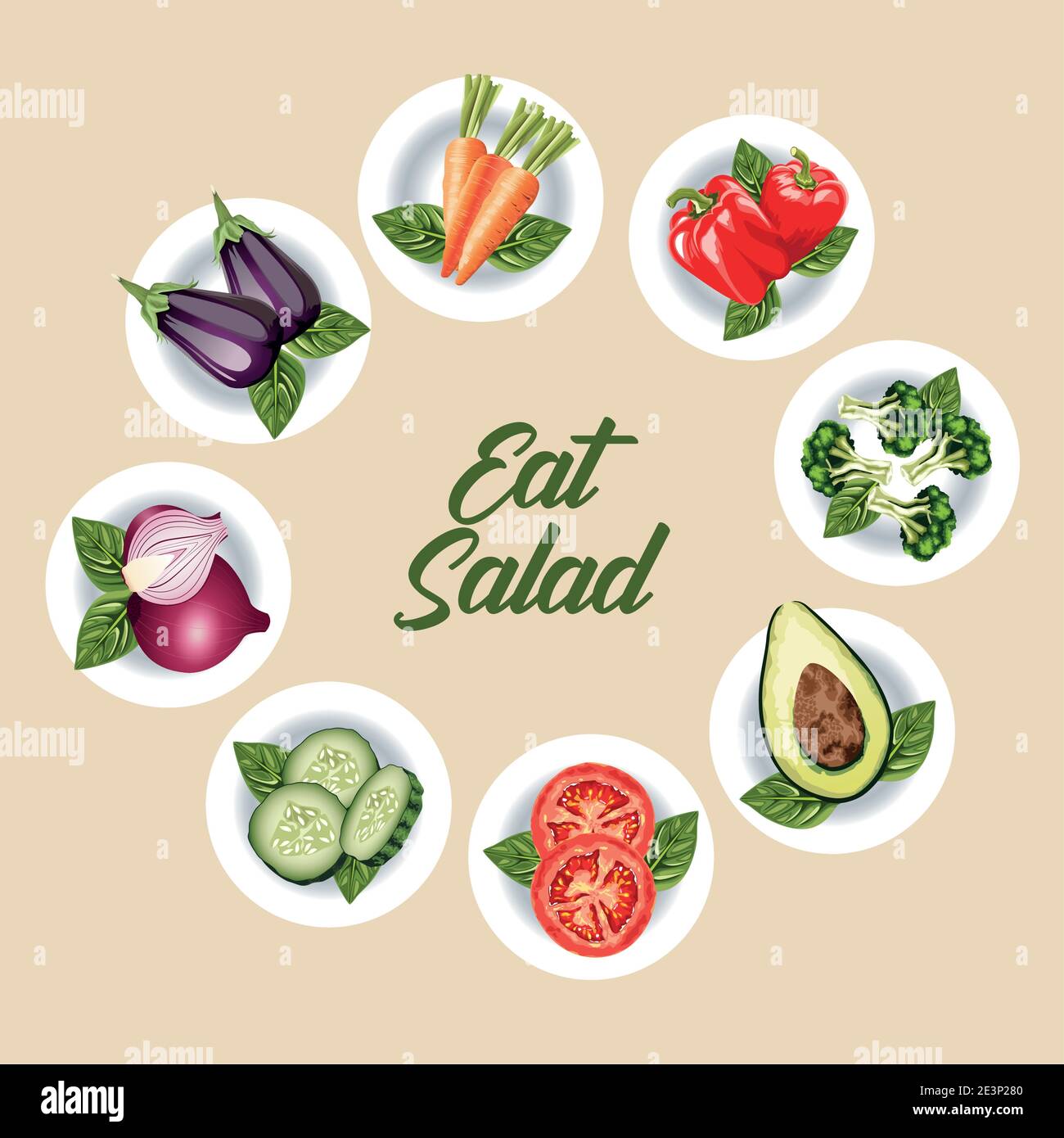 eat salad lettering poster with vegetables in dishes around vector ...