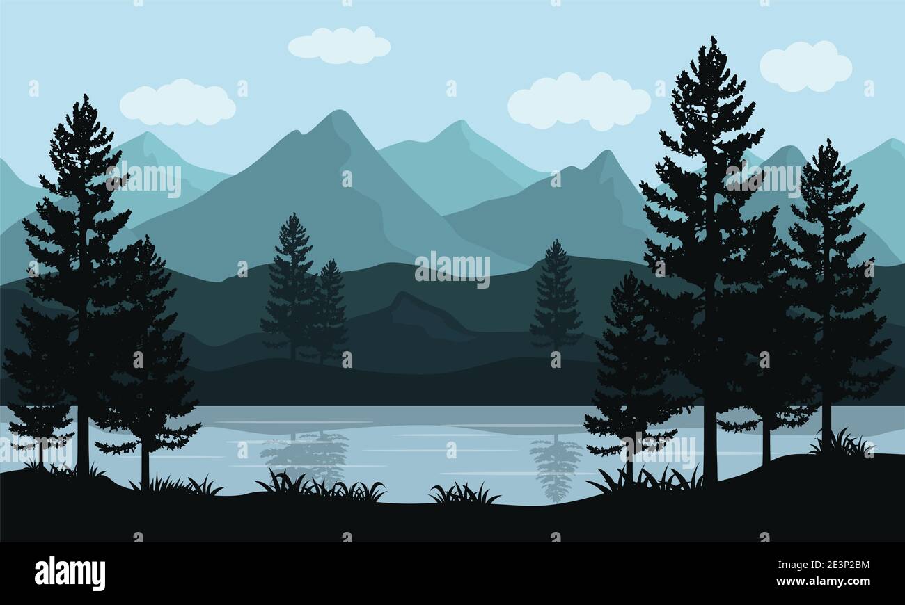 A beautiful scenery in the morning on the river bank. Vector ...