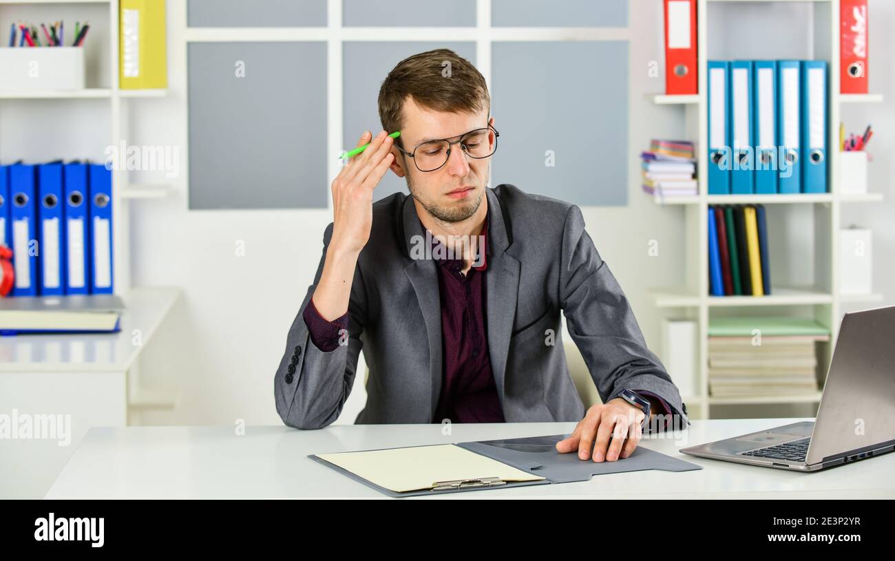 Office worker guy sit table laptop computer, solving problem concept ...