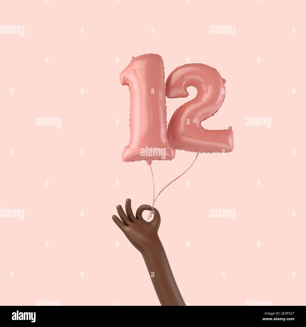 Hand holding a 12th birthday pink foil celebration balloon. 3D ...
