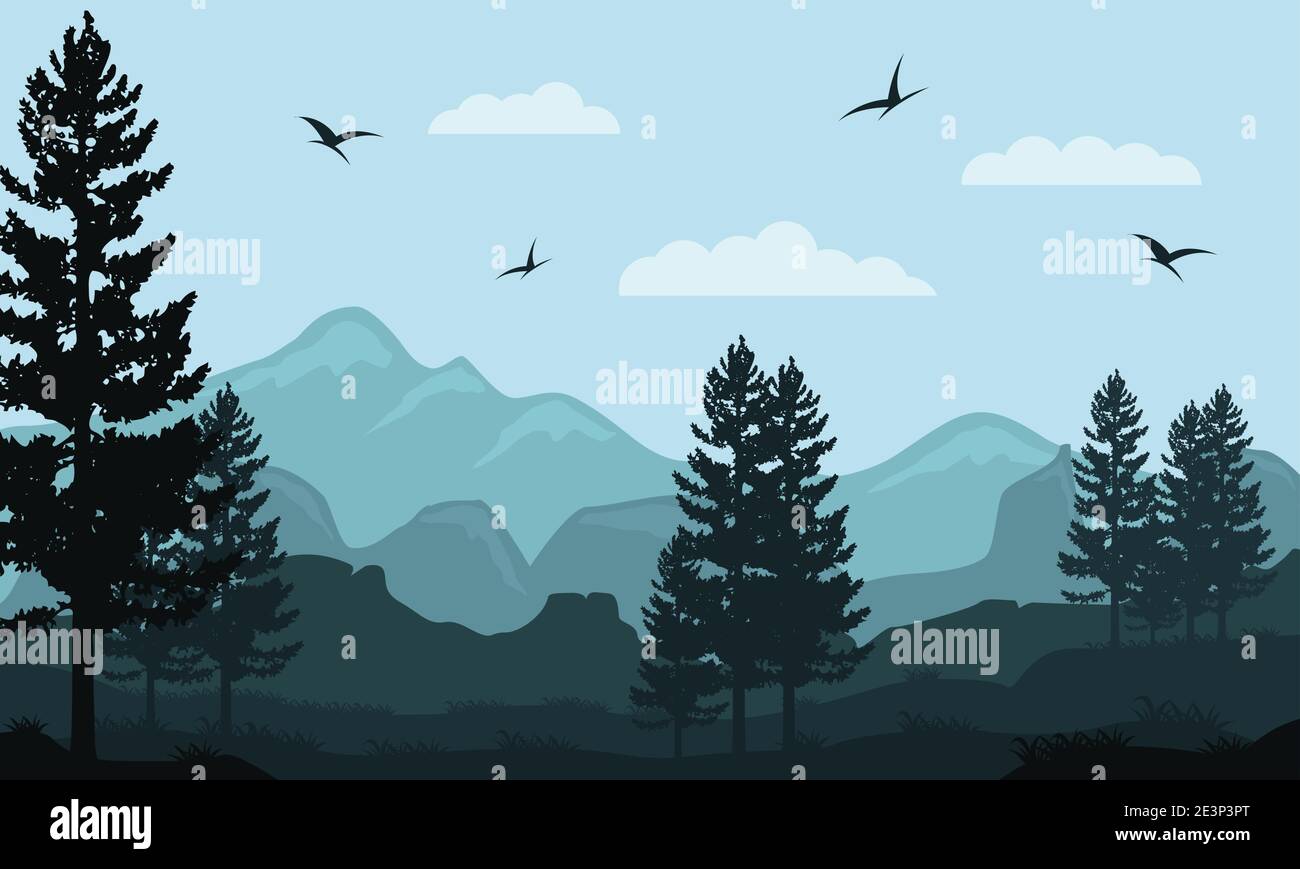 A beautiful natural scenery in the bright morning. Vector illustration ...