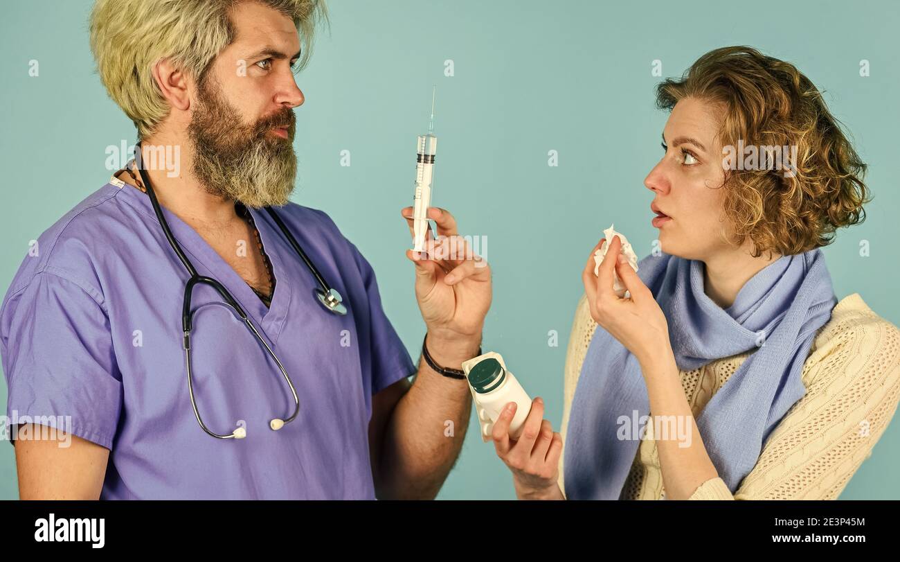 Flu concept. Medical injection. Vaccine development. Man nurse with ...