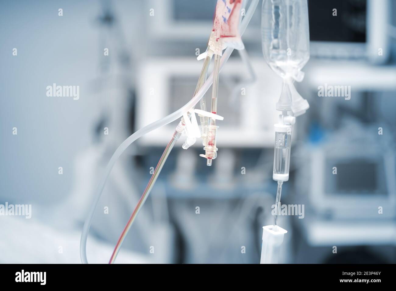 Intravenous drip system on the view of advanced medical equipment in ...