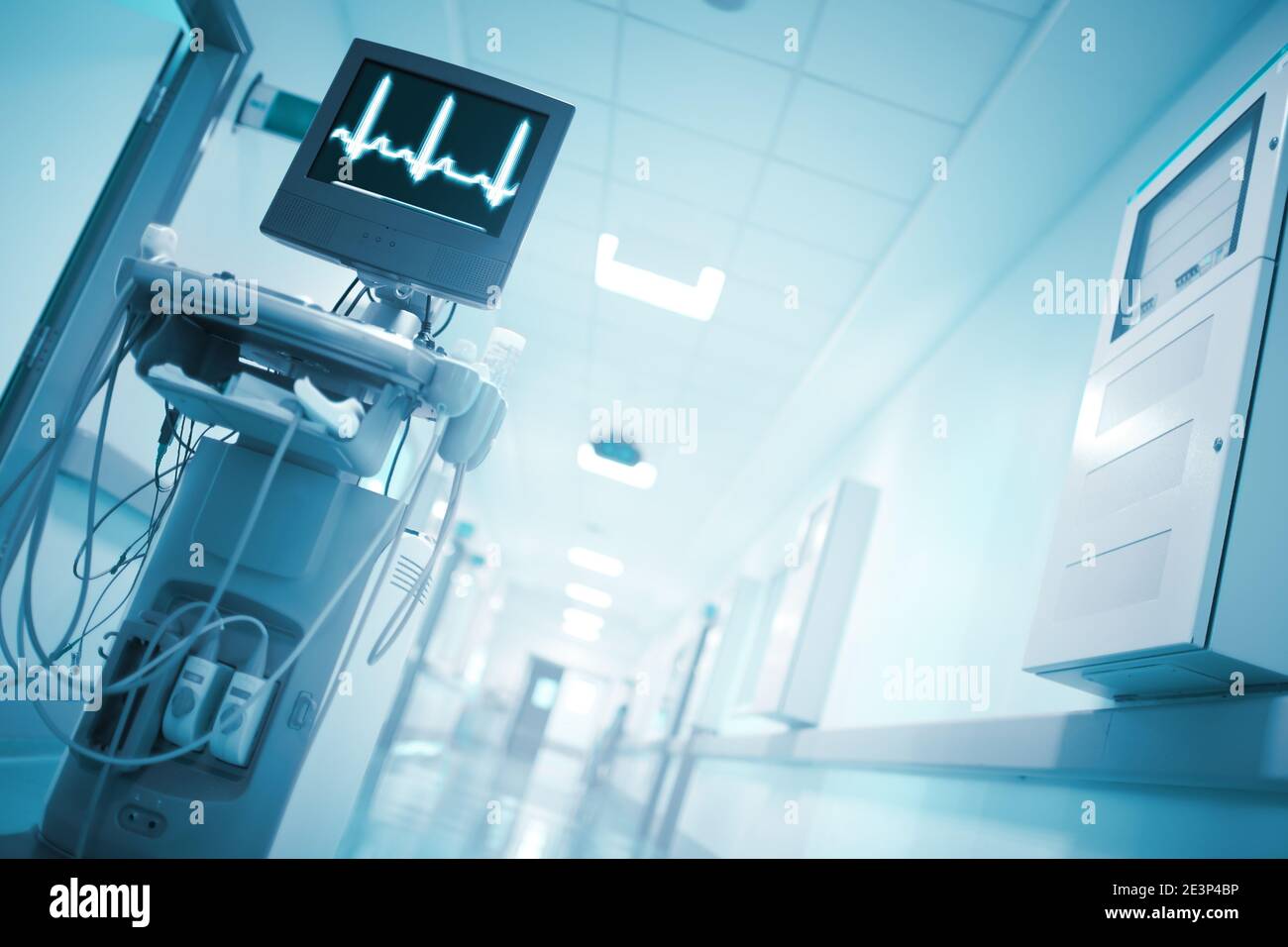 Heart rate monitoring computer in the well illuminated hospital foyer ...