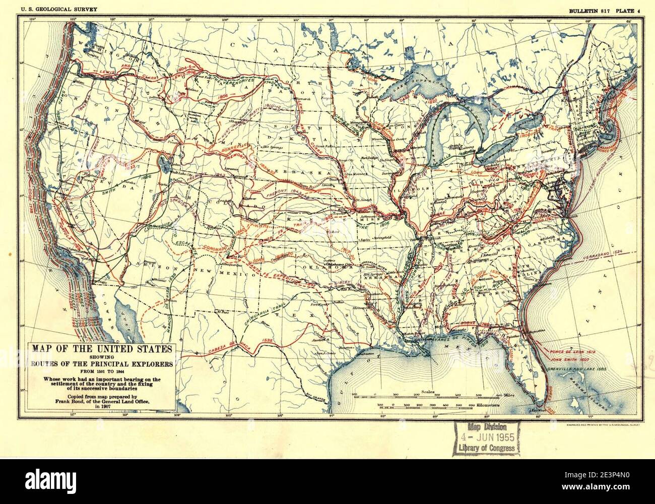 Map of the United States showing routes of principal explorers, from ...