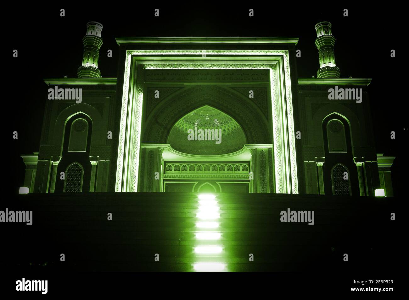 Night scenery of the green color illuminated mosque.outdoors Stock ...