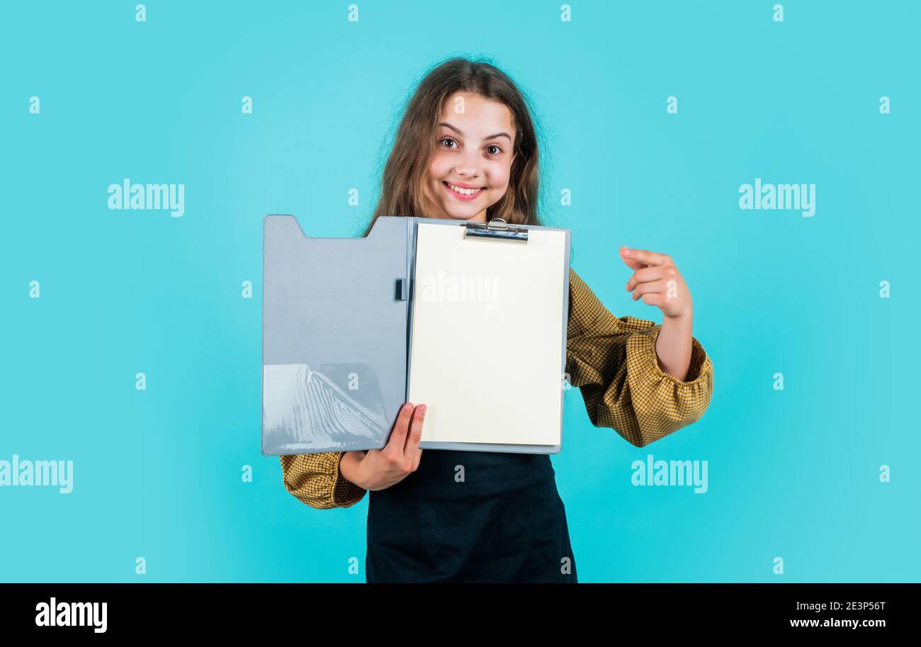 happy teen girl hold paper document folder, copy space, study Stock ...