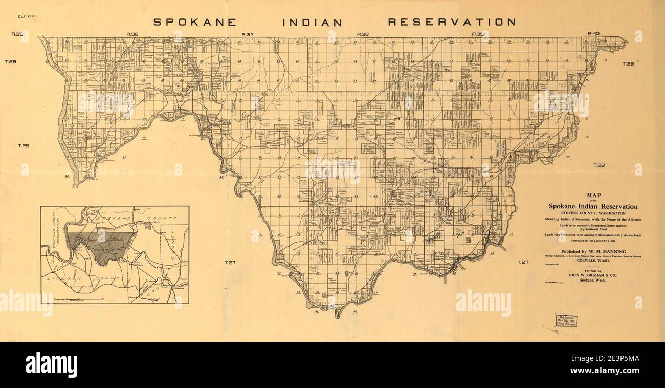 Map of the Spokane Indian Reservation, Stevens County, Washington Stock ...