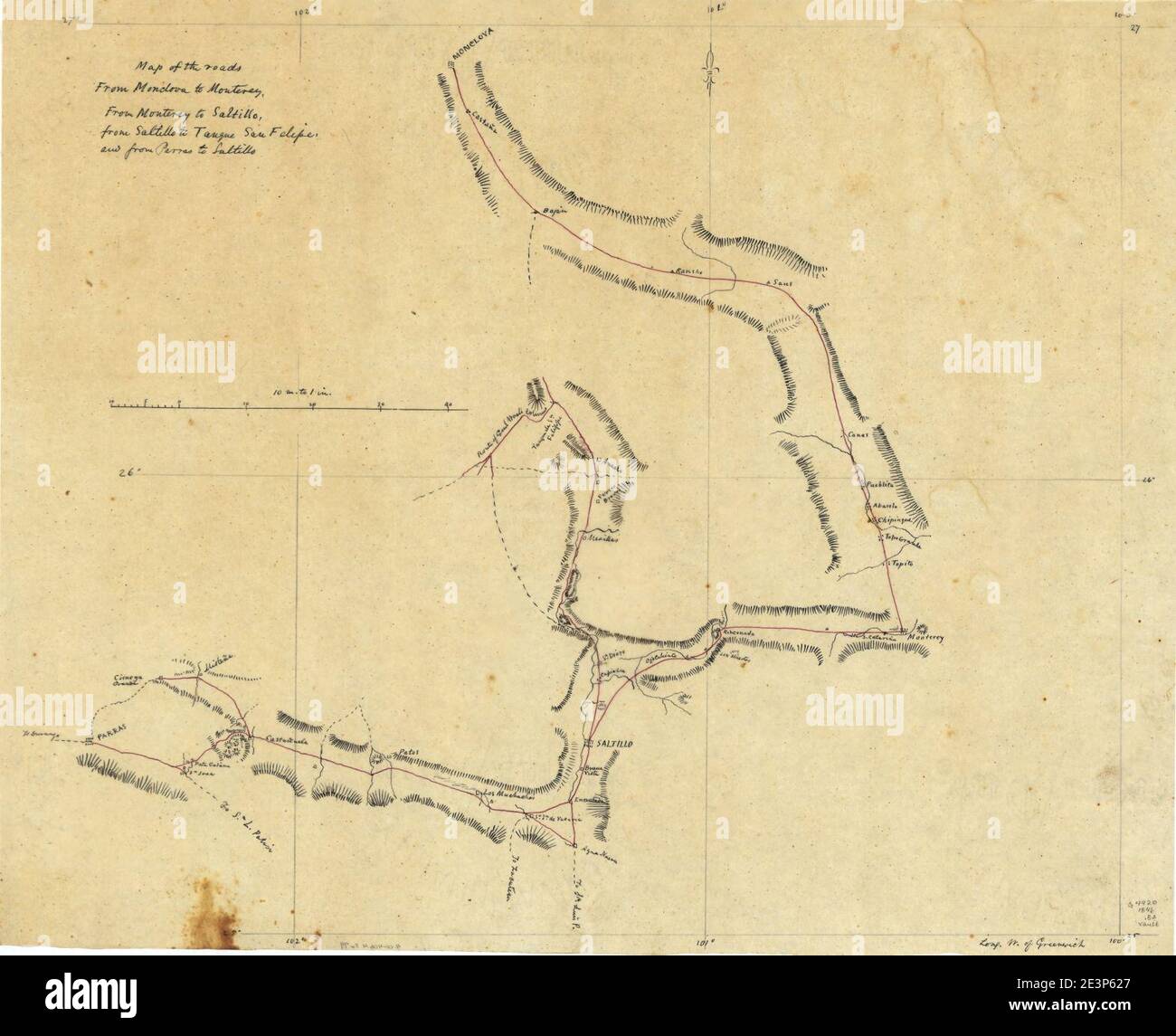 Map of the roads from Monclova to Monterey, from Monterey to Saltillo ...