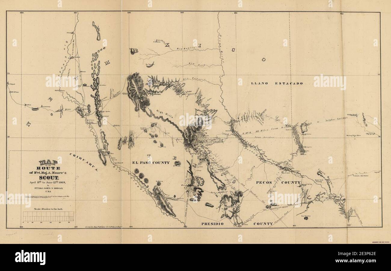 Map of the route of B'vt. Maj. A. Moore's scout, April 11th to June ...