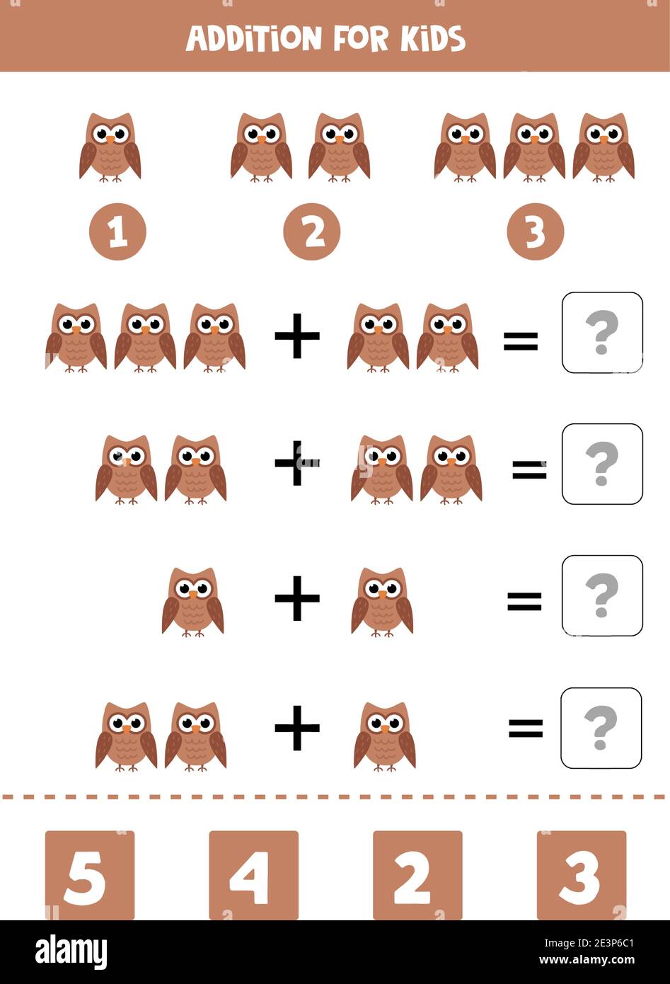 Addition game with cute cartoon owl. Math game for kids Stock Vector ...