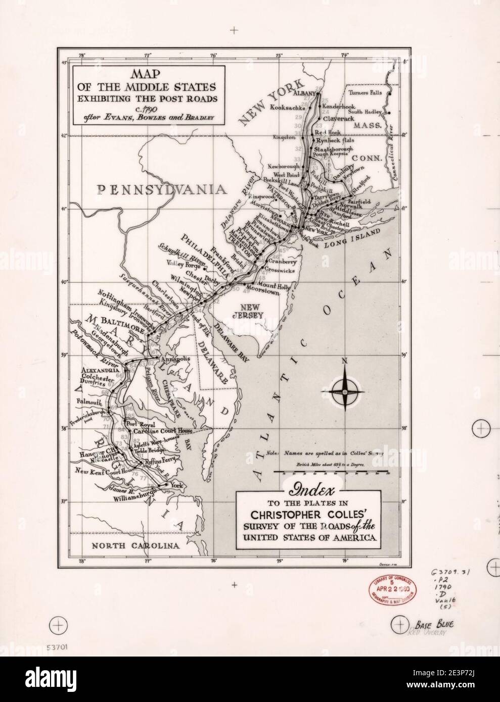Map of the Middle States exhibiting the post roads c. 1790 Stock Photo ...