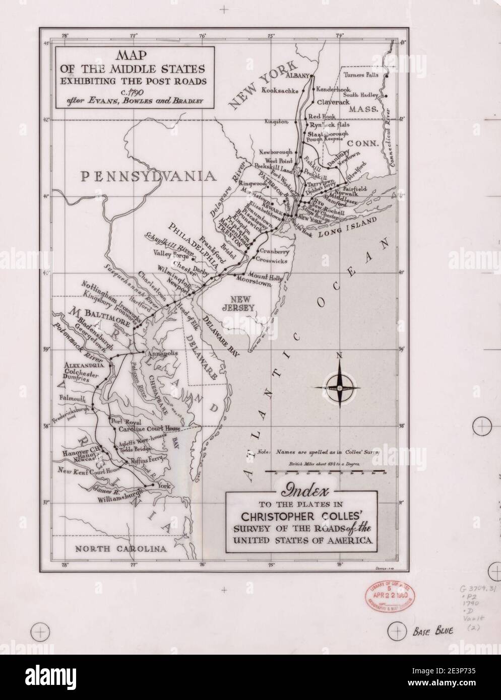 Map of the Middle States exhibiting the post roads c. 1790 Stock Photo ...