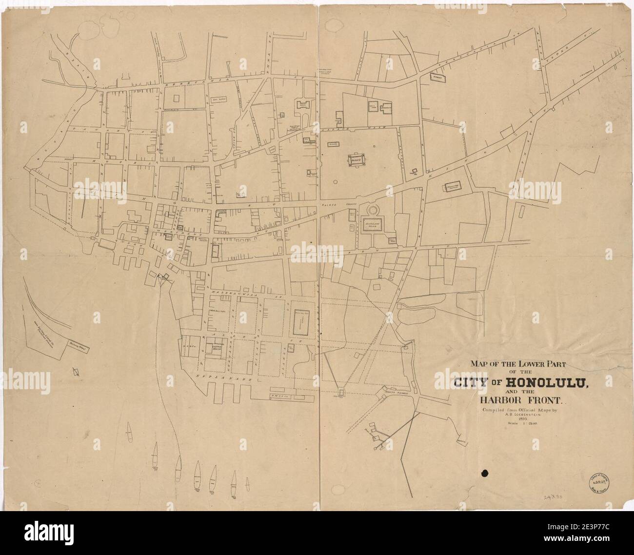 Map of the lower part of the city of Honolulu and the harbor front ...