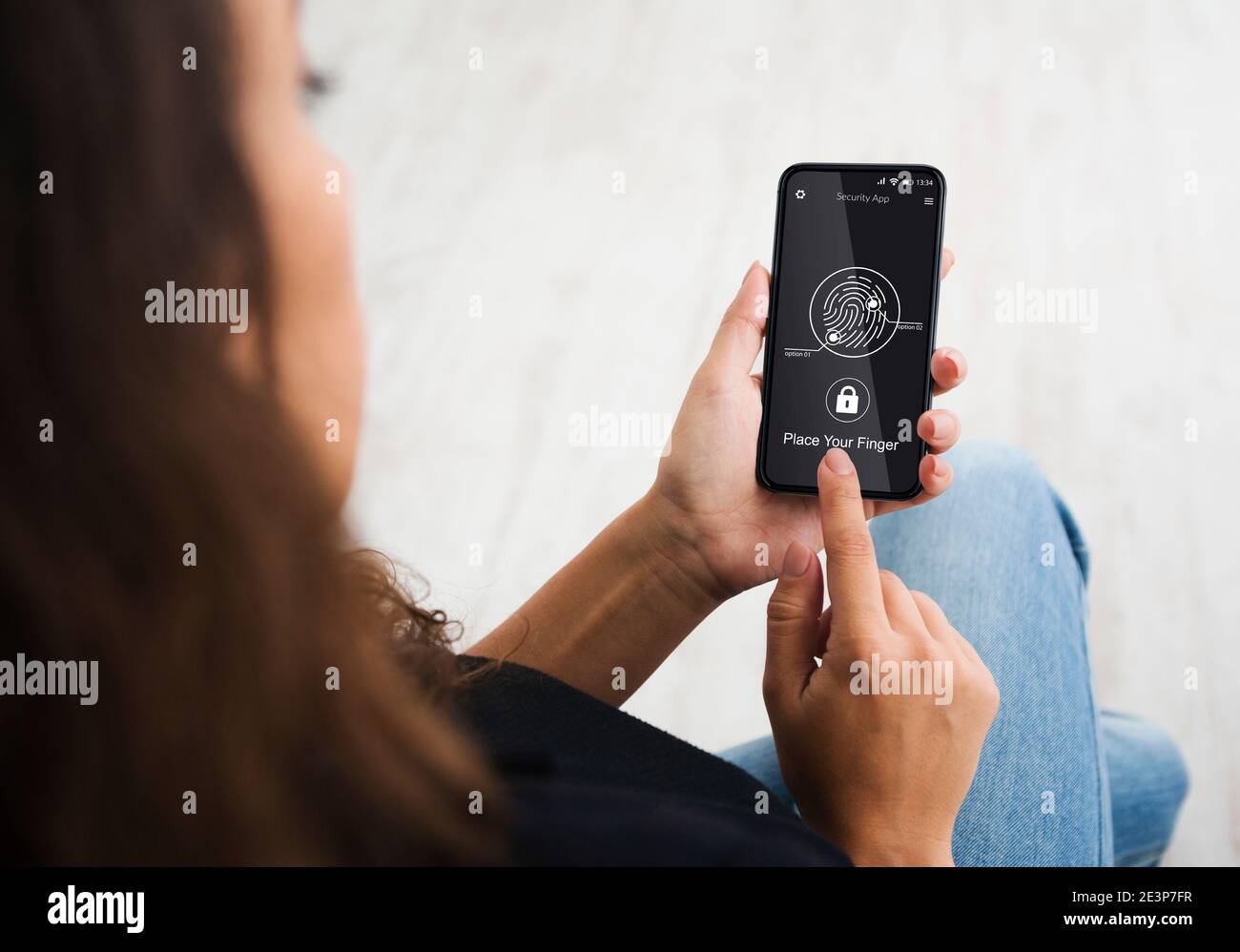 Unrecognizable Lady Unlocking Phone Scanning Fingerprint Sitting ...