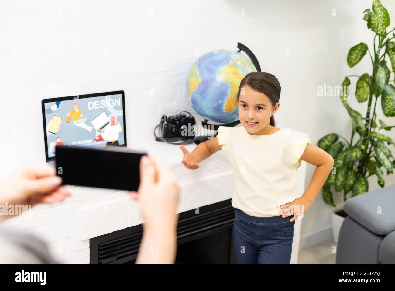 Concept of using modern technology by children. Close up picture of ...