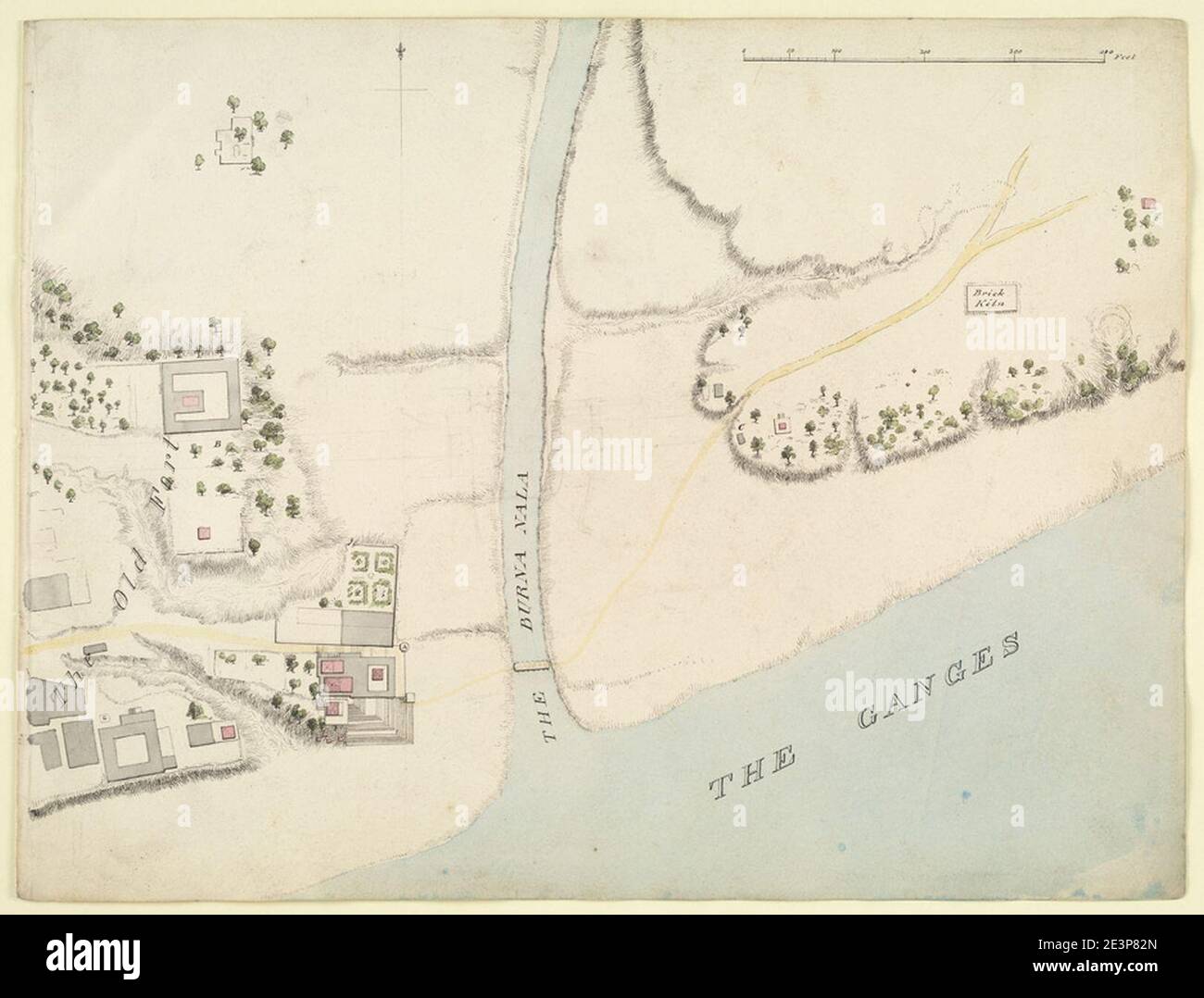Map of the confluence of the Barna and Ganges rivers with temples and ...