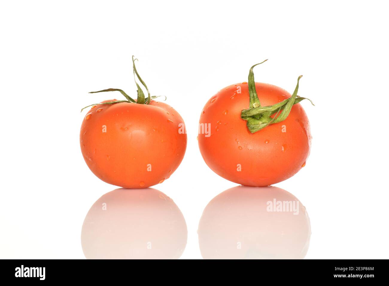 Two red round fresh juicy tomatoes with green tails, close-up, on a ...