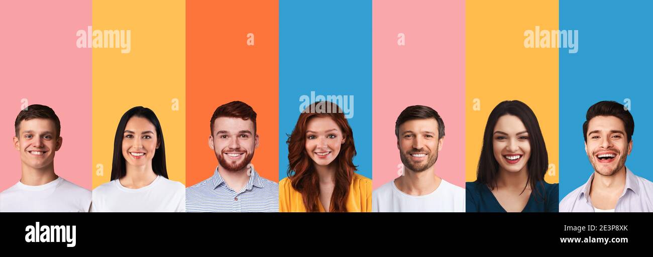 Row Of Caucasian Men And Women Portraits Over Different Backgrounds ...